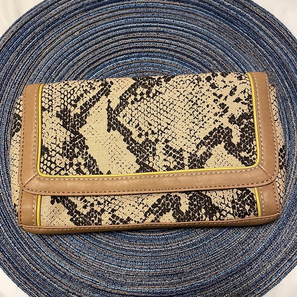 LOFT | Bags | Loft Snake Print Clutch Bag With Yellow Trim | Poshmark